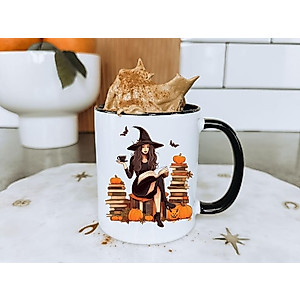 Cute Witch Camping Mug Goth Gift Witchy Sister Present Ghost Bookish Mug Sister Gift Office Coworker Gifts Halloween Book Lover Coffee Cup (15oz, Two Tone Black/White)