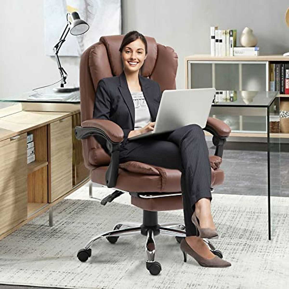 Joyo Funiture Vibration Massage Office Chair, Reclining Office Chair w/Footrest, High-Back Office Chair, PU Leather Computer Desk Chair w/Height & Armrest Adjustable, 250 lb Capacity, Brown