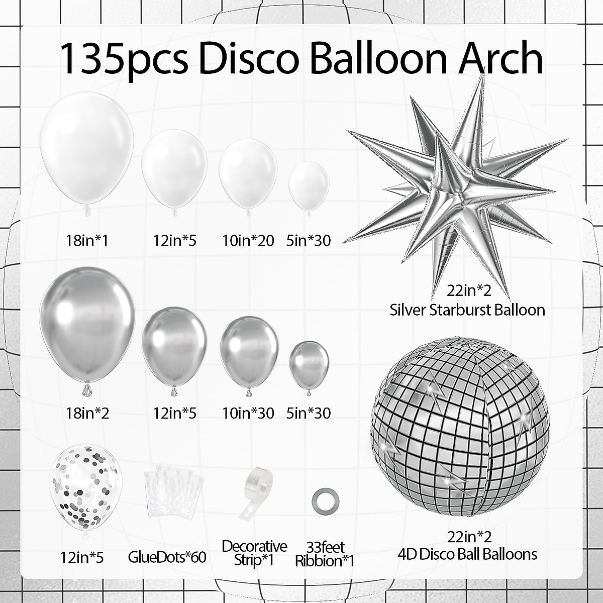 135pcs Disco Balloon Arch Garland Kit, White Silver Balloons with Disco Ball Balloons Silver Foil Balloons for Birthday Decorations Graduation Prom Decorations 2024 Disco Party Decorations