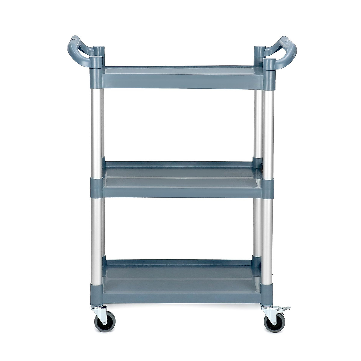 QWORK Plastic Utility Cart with Wheels Lockable, 3-Tier Rolling Push Cart Bus Cart for Restaurant, Kitchen, Gray