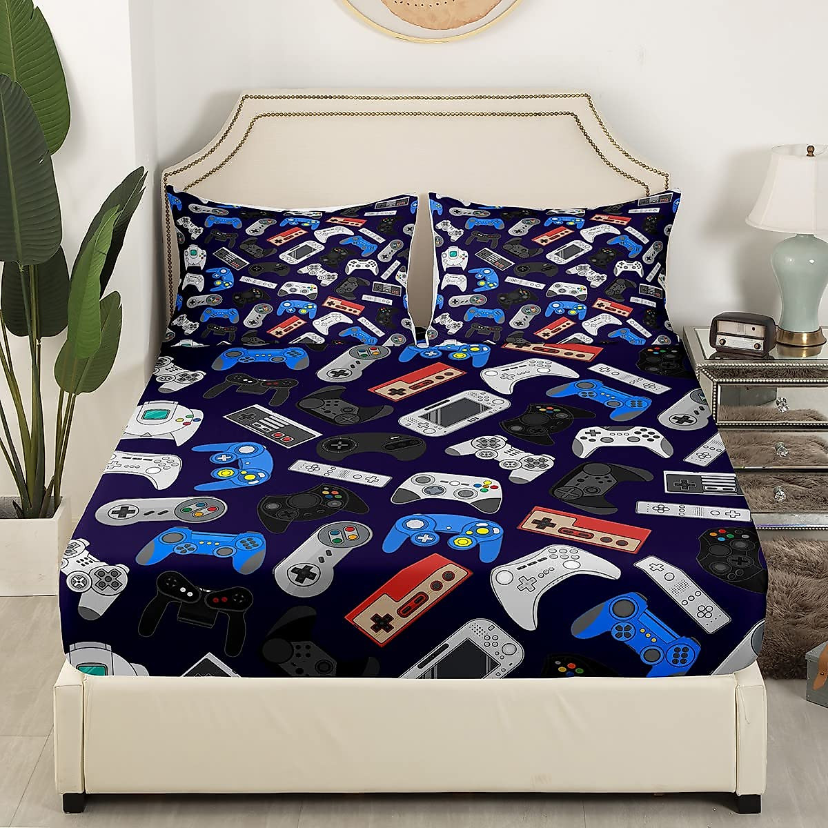 Erosebridal Gamer Fitted Sheet Twin Size Gaming Bed Set Boys Gamepad Bed Cover for Kids Teens Juvenile Retro Video Games Bedding Set for Living Room Dorm Decorative, Blue (No Flat Sheet)