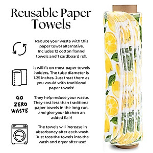 The Useless Brand Reusable Paper Towels Roll | Washable Cotton Flannel Towels w/Cardboard Roll | Fits on All Holders (Lemons, 12 Towels)