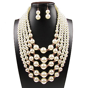 Yuhuan Women Elegant Pearl Jewelry Bead Cluster Collar Bib Choker Necklace and Earrings Set (Ivory)