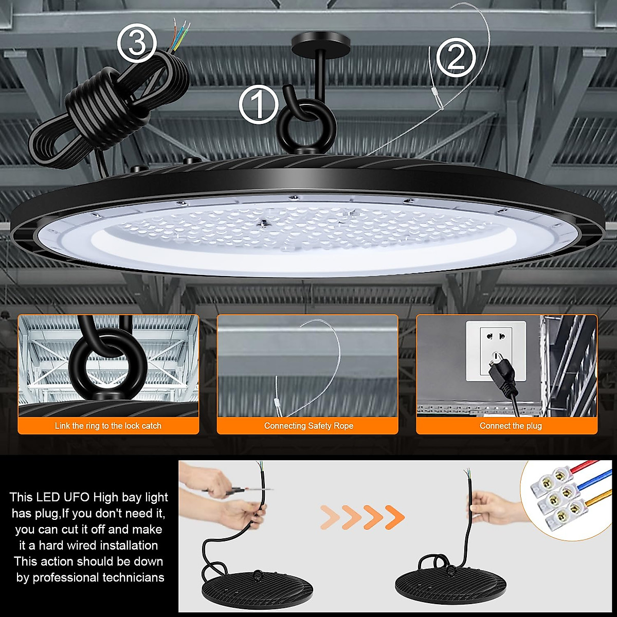 Juyace LED High Bay Light 200W 21000 LM with US Plug 5000K Daylight Shop Light IP65 Commercial Lighting for Barn Garage Warehouse Workshop Industrial Area