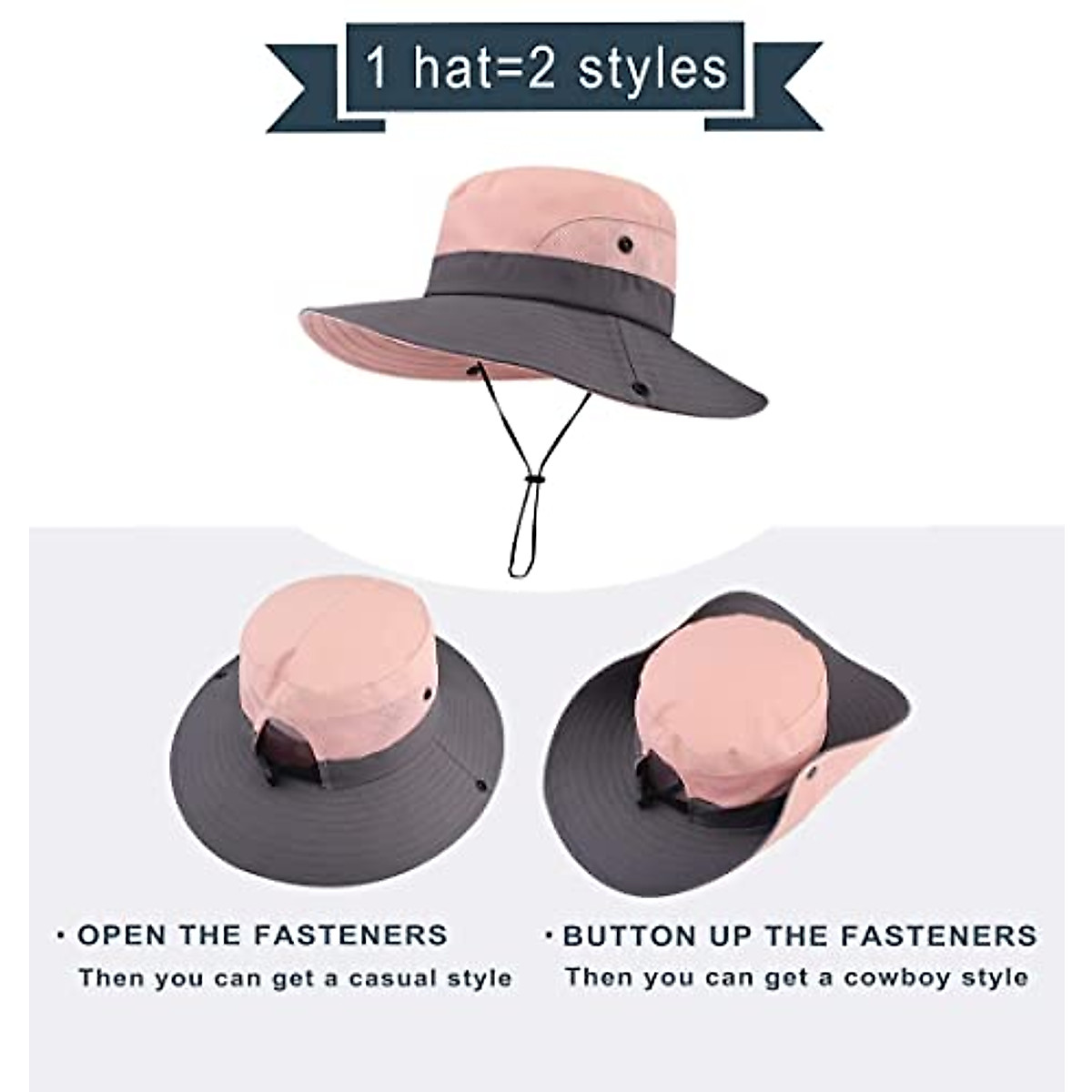 Womens Sun Hats Wide Brim Ponytail Hats Summer Beach Hat for Women Foldable Travel Safari Hats UPF50+(Size:M-L) (58cm/22.83inch, Pink)
