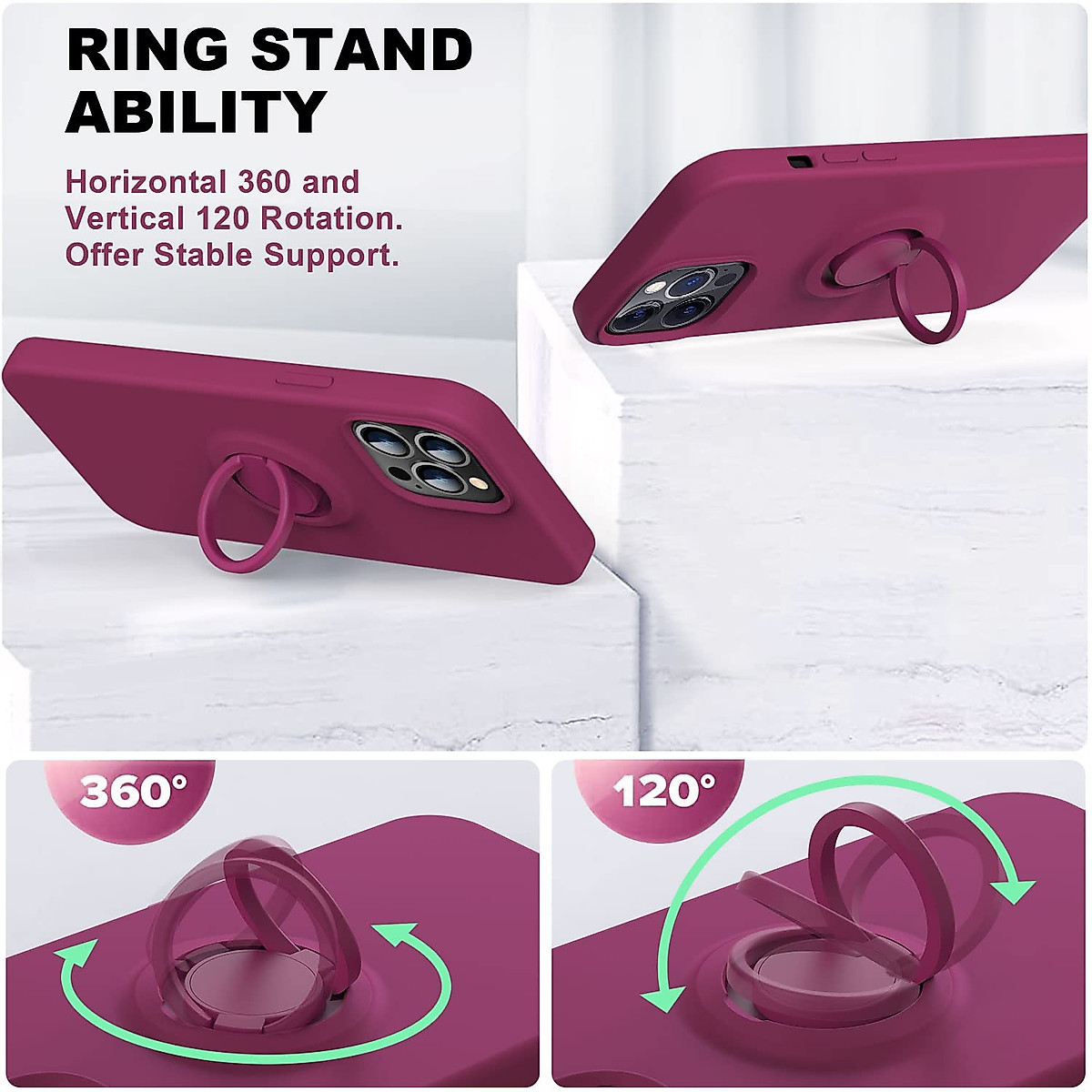 CHEZEAL Compatible with iPhone 14 Pro Max Case 6.7inch,[Bulit-in 360° Rotatable Ring Stand][Anti-Scratch Soft Microfiber Lining] Liquid Silicone Shockproof Phone Case for iPhone 14 Pro Max - Wine Red