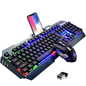 Wireless Gaming Keyboard and Mouse Combo, Rechargeable 16 Kinds RGB Backlit PC Gaming Keyboard Mouse w, Mechanical Feel Keyboard and 7 Color Gaming Mute Mouse for Windows Computer Gamers (Black)