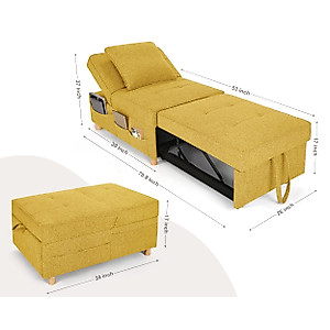 SEJOV Sleeper Sofa Chair Bed,4-in-1 Convertible Sofa Bed Chair with 6 Adjustable Backrest and Pillow, 3-Seat Pull Out Sleeper Chair Linen No Backrest for Bedroom Small Space Living Room, Yellow