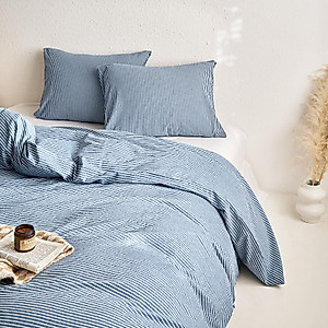 Wake In Cloud - Striped Cotton Duvet Cover Set, 100% Washed Cotton Textured Percale Bedding Set, Ticking Stripe Pinstripe Farmhouse, 3 Pieces, Denim Blue, Queen Size