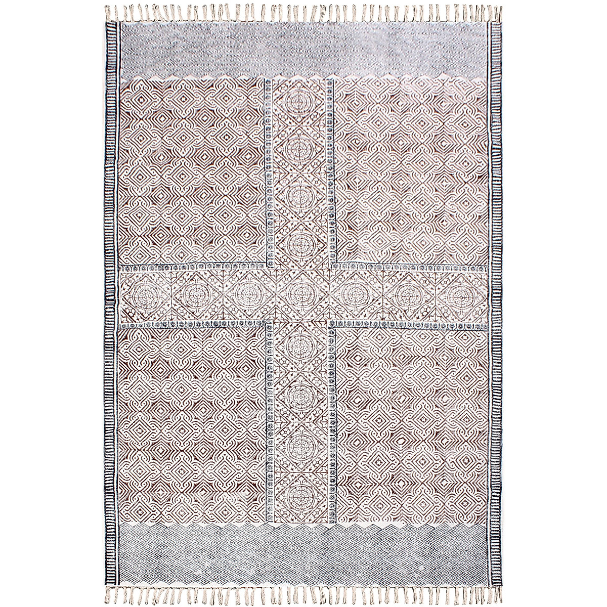 Casavani Hand Block Printed Hand Made Brown, Black Geometric Tassel Rug Cotton Easy Washable Rugs Floor Carpet for Doormat Entryway Living Room Bedroom Hallway Balcony 6x12 Feet Runner