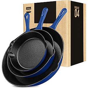 Utopia Kitchen Pre Seasoned Cast Iron Skillet 3 Piece, Cast Iron Grill Pan, Frying Pans, Saute Fry Pan, Cast Iron Set (Blue) - Pack of 4