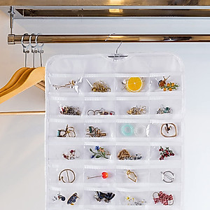 Bloss Hanging Jewelry Organizer, Double Sided 80 Pocket Jewelry Chain Storage Bag 2 Layer of Fabric Jewelry Organizer Holder for Necklace Bracelet Earring Ring Chain Knitting Tool-Black (White)