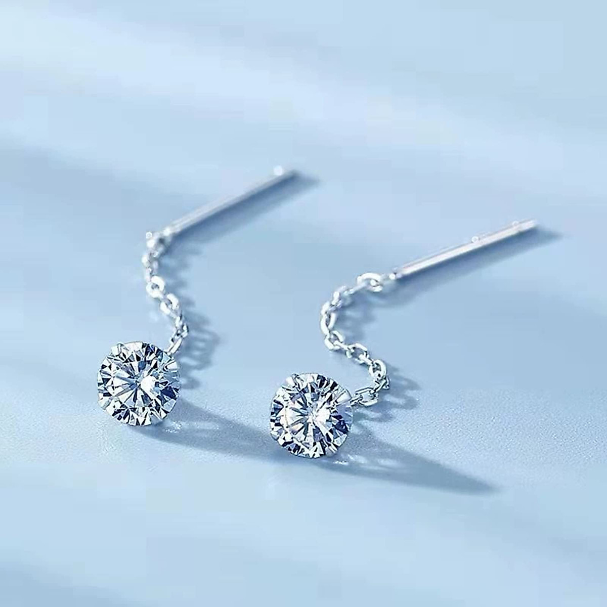 Threader Earrings 925 Silver CZ Drop Pull Through Chain Ear Line Cubic Zirconia Dangle Earrings For Women White