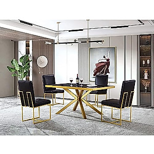 AZhome Modern Dining Room Table with Gold Stainless Steel Metal X-Base in Black Gold