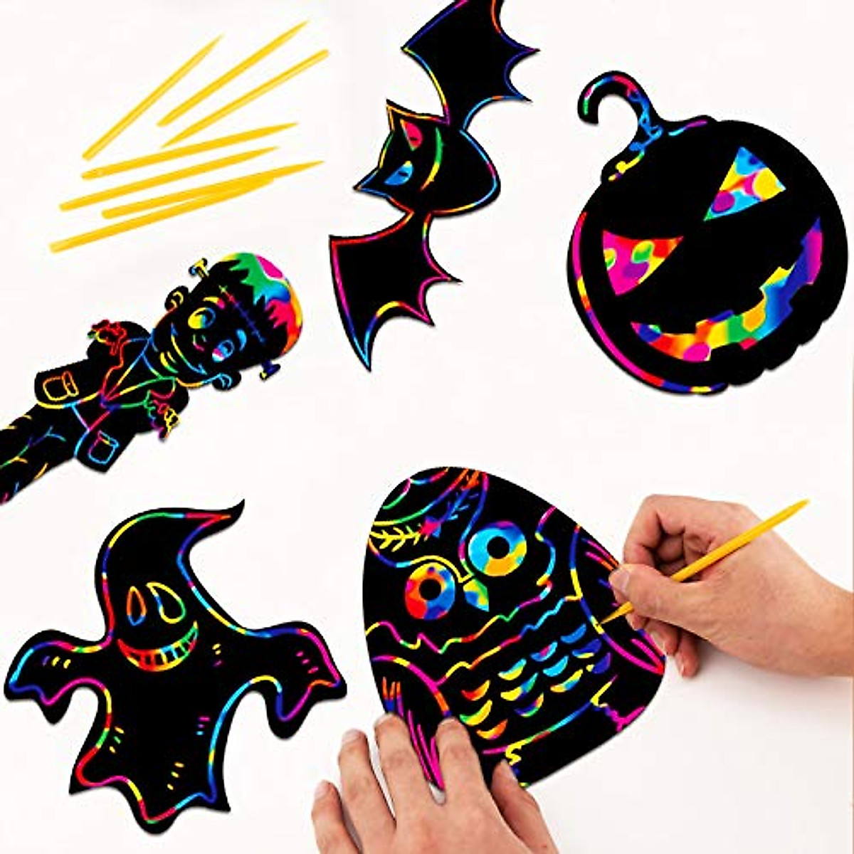 Halloween Scratch Paper Art,Funnlot 42PCS Halloween Scratch Paper Halloween Games for Kids Halloween Ornaments Scratch Magic Scratch Off Cards Paper Birthday Education Game Halloween Craft with Tool
