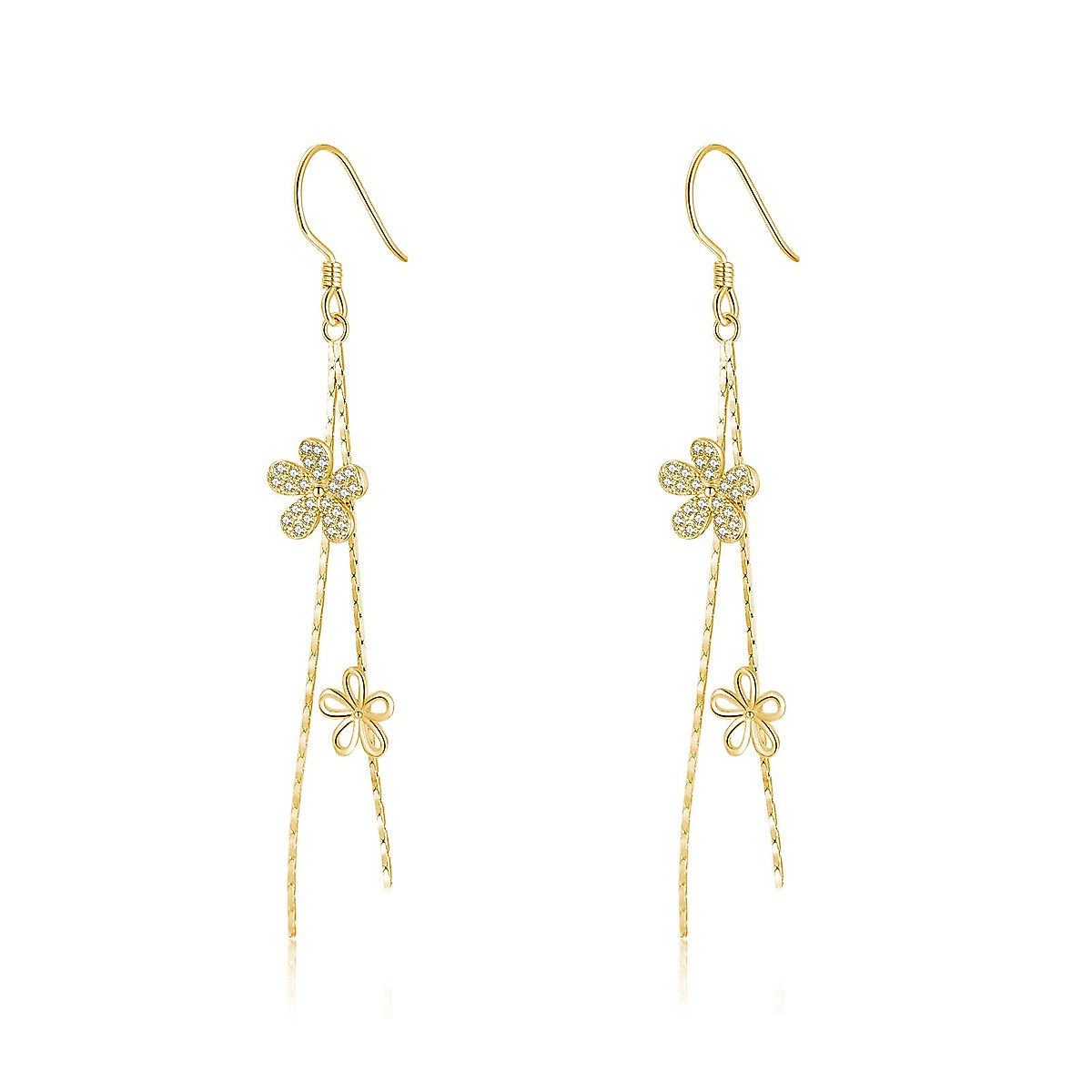 SLUYNZ Sterling Silver CZ Flower Dangle Earrings Chain for Women Teen Girls Flower Drop Earrings Wedding Tassel (B-Gold)