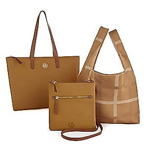 JOY Mangano Luxe Genuine Leather Handbag, Chic Crossbody Plus Shopper Tote ~ Camel