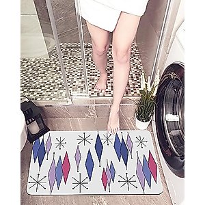 Bath Mat Mid-Century Geometry Blue Brown Grey Diamond Geometry Super Quick Dry Diatom Mud Bath Rugs Non-Slip Floor Mats for Bathtub Shower Room Sink, 16x24In
