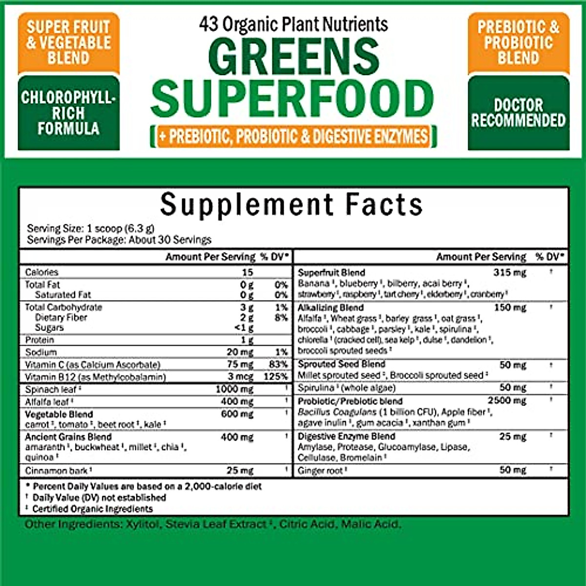 Super Greens Superfood Powder - Greens Powder with Probiotics Prebiotics Digestive Enzymes and 43 Green Superfoods - Chlorophyll Bilberry Chlorella Spirulina Grass - Tastes Amazing - 30 Servings