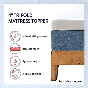 Best Price Mattress 4 Inch Trifold Memory Foam Mattress Topper with Cover, CertiPUR-US Certified, Twin XL,White