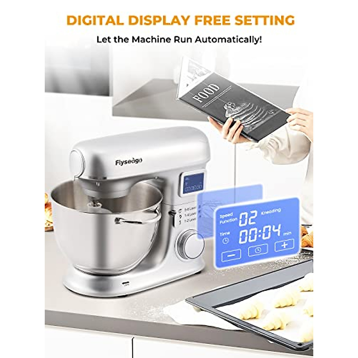 Flyseago Stand Mixer 8-IN-1 8.5 Qt Multifunctional Electric Kitchen Mixer 6 Speed Tilt-Head with Stainless Steel Bowl, 1.5L Glass Jar, Meat Grinder, Dough Hook, Whisk, Pasta Attachment