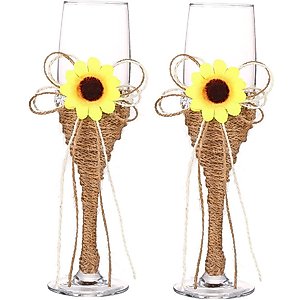 TANG SONG Set of 2 Sunflower Burlap Lace Elegant Wedding Champagne Glass Set for Parties Weddings Birthdays Anniversaries