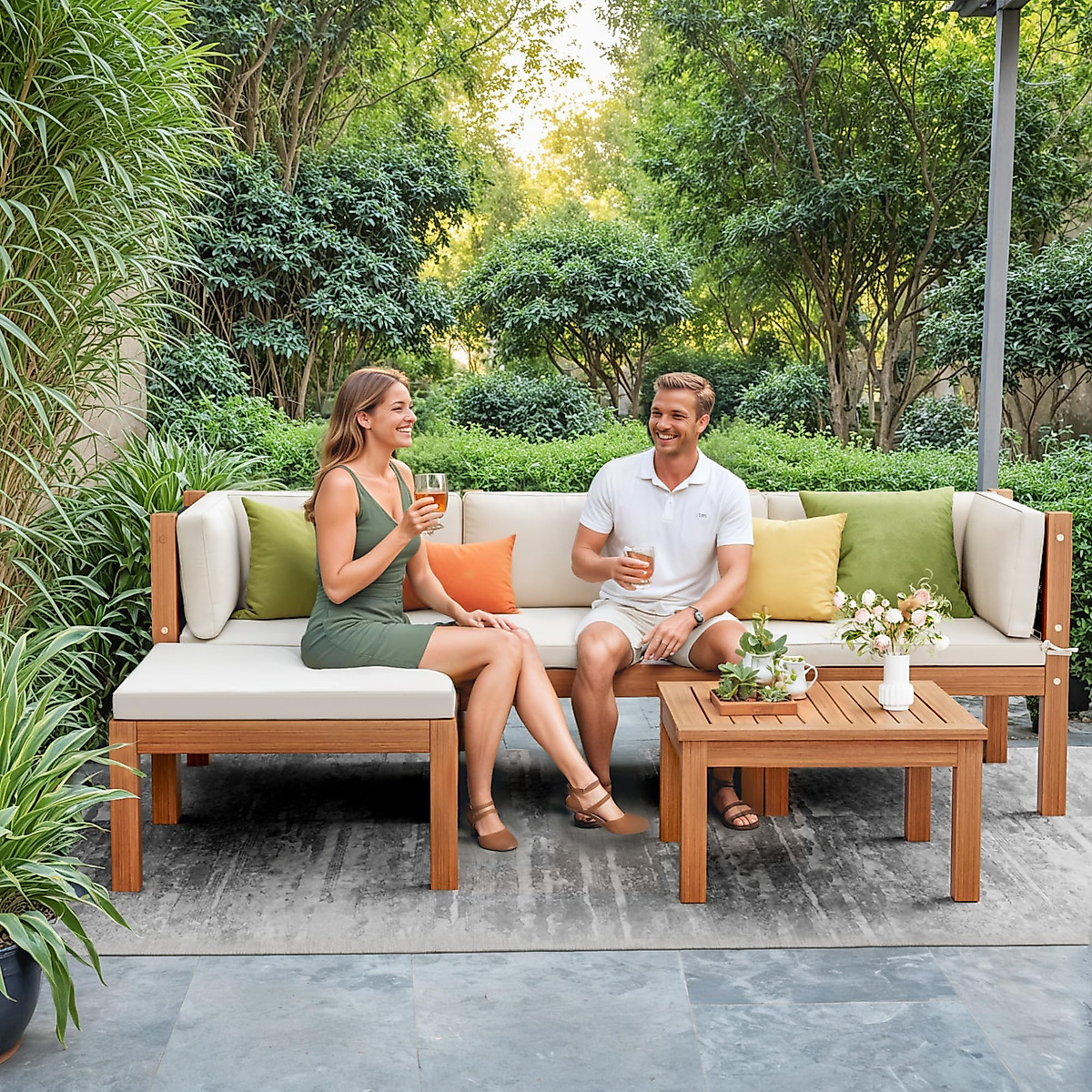 Devoko 5 Pieces Outdoor Sectional Couch Patio Sectional Sofa with Acacia Wood Coffee Table, Outdoor L-Shaped Couch with All-Weather Cushion for Patio,Deck,Backyard(White)