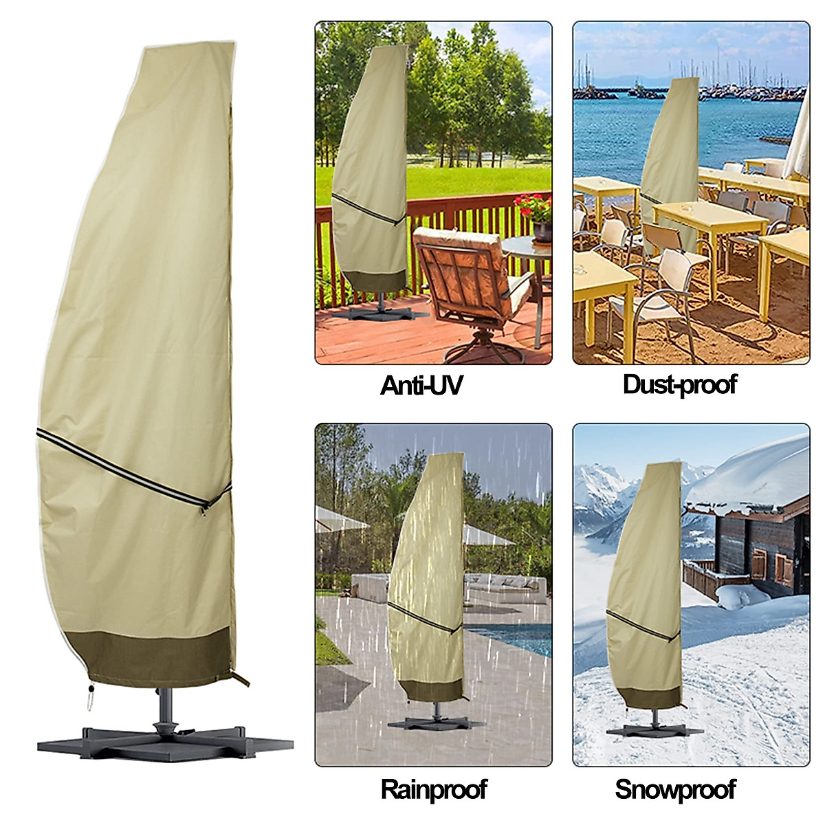 Outdoor Patio Banana Umbrella 600D Waterproof Cover for 9-13 FT Offset Cantilever Banana Umbrella (Beige)