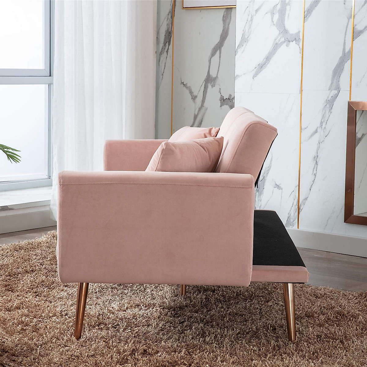 TITA-DONG Velvet Sofa Convertible Sleeper Sofa,Modern Tufted Sofa Bed with 2 Throw Pillow & Gold Plating Base 5 Leg, Adjustable Folding Accent Sofa Couch for Living Room