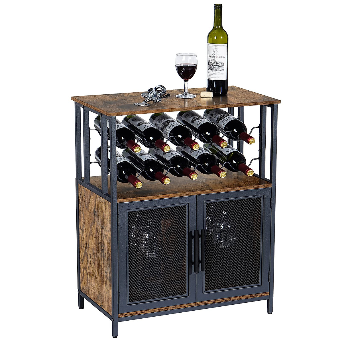 Bennio Brenny Wine Bar Rack Cabinet with Detachable Wine Rack, Liquor Cabinet, Bar Cabinet with Glass Holder, Metal Sideboard Buffet Storage Cabinet with Mesh Door