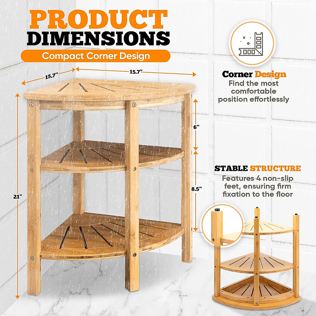 Cosy Kozy Multifunctional 3 Tier Bamboo Waterproof Corner Shower Bench with Storage Shelf - Corner Shower Stool for Inside Shower for Shaving Legs