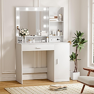 Furmax Vanity Desk with Lighted Mirror 3 Modes & Power Outlets, Makeup Vanity Table with Drawers, Cabinet and Open Shelves, for Bedroom & Dressing Room (White)