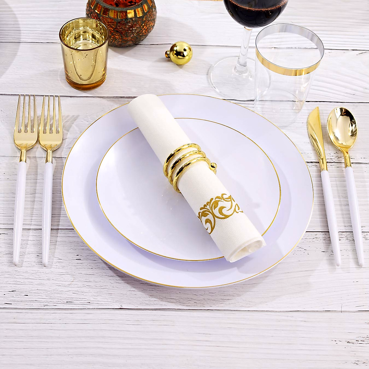 Nervure 140PCS White and Gold Plastic Plates & Disposable Gold Plastic Plates - 20 Dinner Plates, 20 Dessert Plates, 60 Gold Plastic Silverware, 20 Cups, 20 Napkins for Weddings & Party