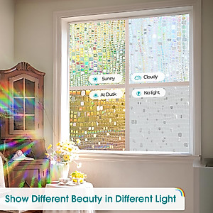 Windimiley Window Privacy Film 3D Rainbow Static Clings Bathroom Stained Glass Decorative Window Sticker Prism Holographic Window Decals Sun Blocking Non-Adhesive Door Covering,17.5x118.1In, Pure