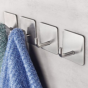 Budding Joy Adhesive Hooks Heavy Duty Stick on Wall Towel Door Waterproof Stainless Steel Holders for Hanging Clothes Bathroom Hook 4 Pack