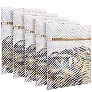 AUTODECO Set of 5 Honeycomb Mesh Laundry Bags for Delicates with Concealed Zipper Washing Machine Wash Bags Reusable for Baby Clothes Blouse Bra Hosiery Dress