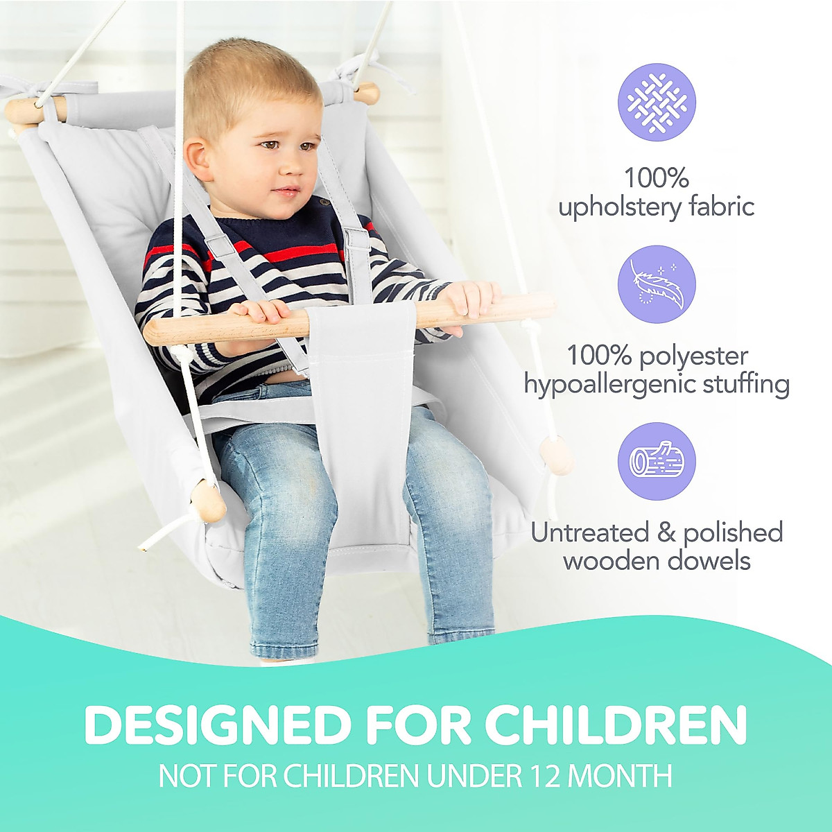 CaTeam - Canvas Kids Swing, Wooden Hanging Swing Seat Chair with Safety Belt, Durable Toddler Swing Chair, Outdoor and Indoor Swing for Kids, Mounting Hardware Included, Ivory