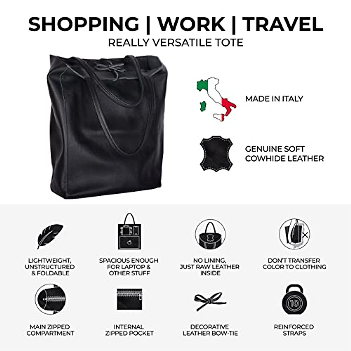 TAKEASY Women's Genuine Leather Italian Tote Bag with Zipper - Large Handbag for Shopping, Work and Travel (Black)