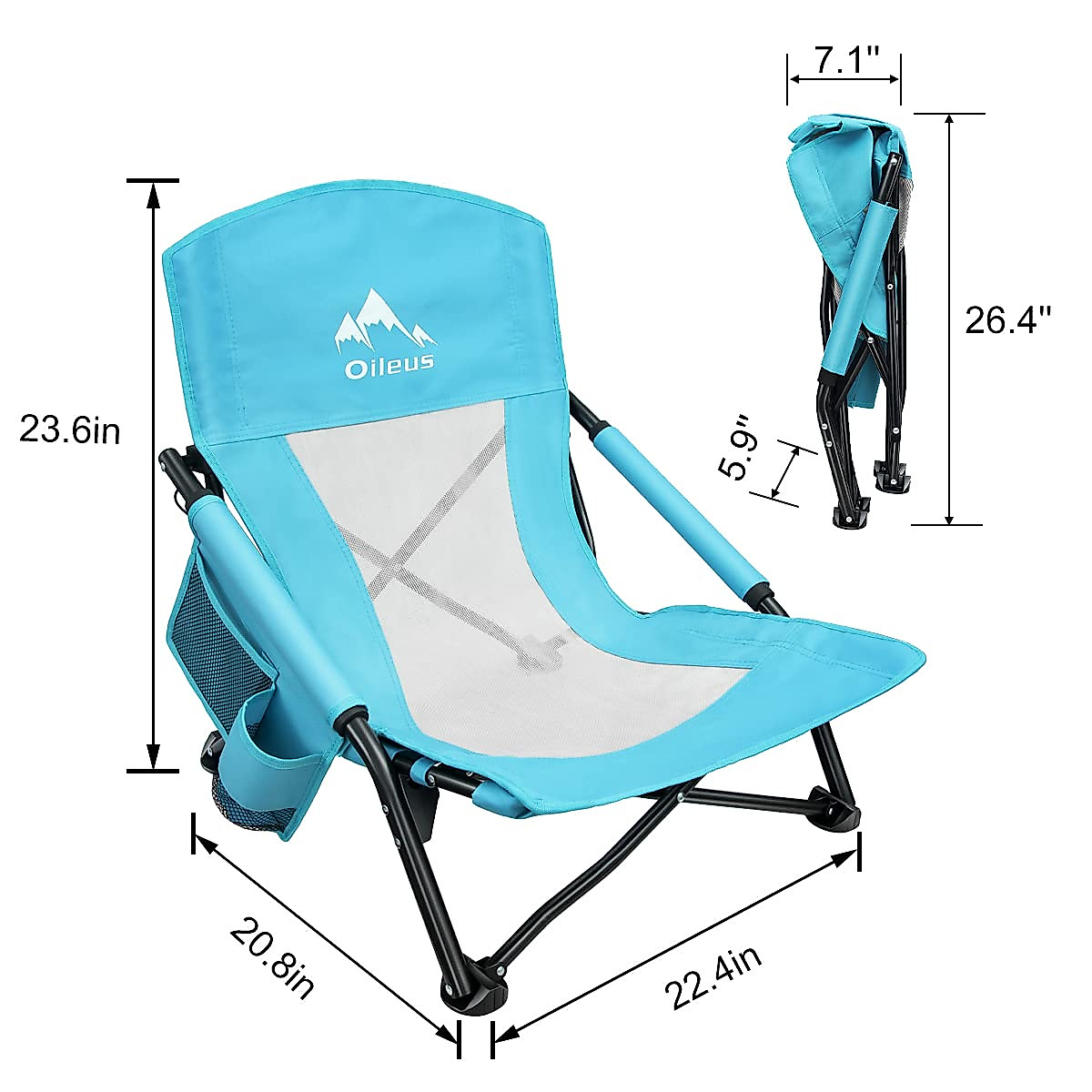 Oileus Low Beach Chair for Beach Tent/Shelter/Camping/Outdoor Ultralight Backpacking Folding Recliner Chairs with Cup Holder/Storage Bag, Carry Bag, Breeze Mesh Back, Compact Duty 2 Pcs