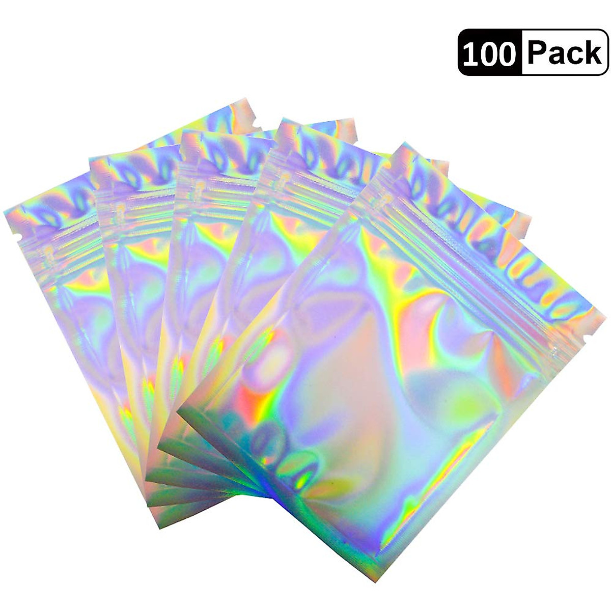 100 Pack Holographic Bags 3.3x5.1 Inches, Resealable Mylar Bags Food Safe Material ZipLock Food Storage Foil Pouch Bag