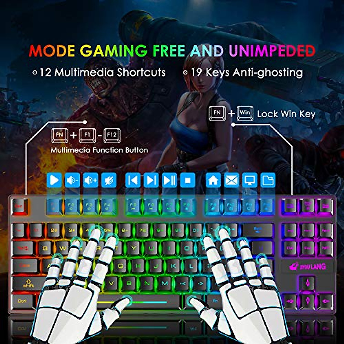 RGB Gaming Keyboard and Mouse Combo, 87 Keys USB Wired Rainbow Keyboard and Lightweight Gaming Mouse, 6400 DPI Adjustable, 6 Programmed Buttons, for Laptop PC Computer Game and Work