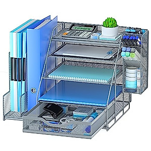 VIVSOL Silver Desk Organizer and Accessories Storage with 5-Tier Paper Letter Tray, Mesh Desktop Organizer with Pen Holder and Sliding Drawers for Office, School, Home to Collect Office Supplies