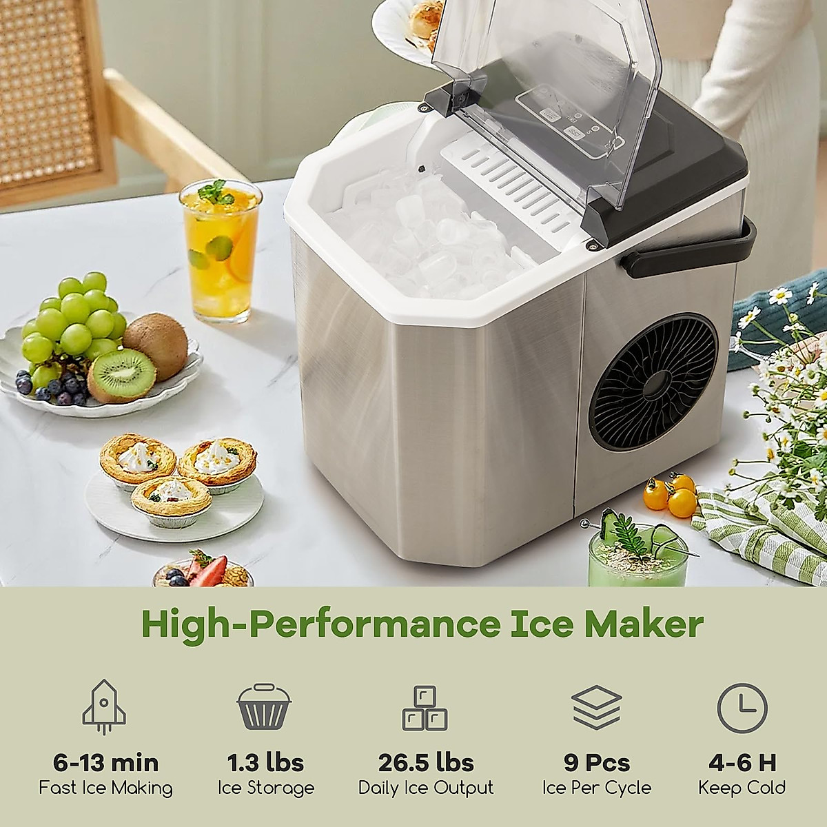 CLEEMAN Ice Makers Countertop, Portable Ice Maker, 9 Ice Cubes Ready in 6-13 Mins, 2 Sizes of Bullet Ice, Self-Cleaning, Ice Machine with Ice Scoop & Basket for Home/Kitchen/Party/RV (Silver)