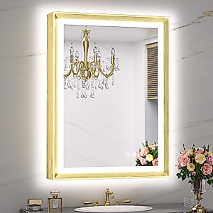 TokeShimi 30x36 Inch Gold Light up Bathroom Vanity Mirror with Front Lights and Backlit for Wall Aluminum Alloy Frame Rectangle Beveled Edge Tricolors Stepless Dimmable Anti-Fog Memory Function