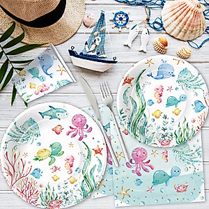 APOWBLS Under The Sea Party Decorations Dinnerware For Ocean Theme Birthday Baby Shower, Ocean Under The Sea Party Supplies, Plate, Napkin, Tablecloth, Underwater Sea Life Party Tableware, Serve 24