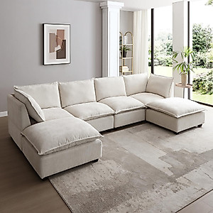 KIVENJAJA 130”W Oversized U-Shaped Down Filled Sectional Couch, 6 Seater Comfy Modular Cloud Sofa with 2 Ottomans, Modern Sleeper Sofa for Living Room, Linen Fabric, Beige