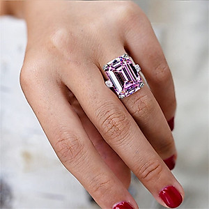 FZO Fashion Zircon Ring 925 Sterling Silver CZ Ring Princess Cut Square Simulated Diamond Ring Engagement Wedding Ring Promise Ring for Women ST.245 Pink, 6