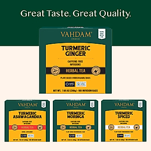 VAHDAM, Organic Turmeric Ginger Herbal Tea (100 Pyramid Tea Bags) Caffeine Free, Superfood w/USDA Organic Turmeric & Ginger | Herbal Tea Bags, Packed in Resealable Ziplock Pouch