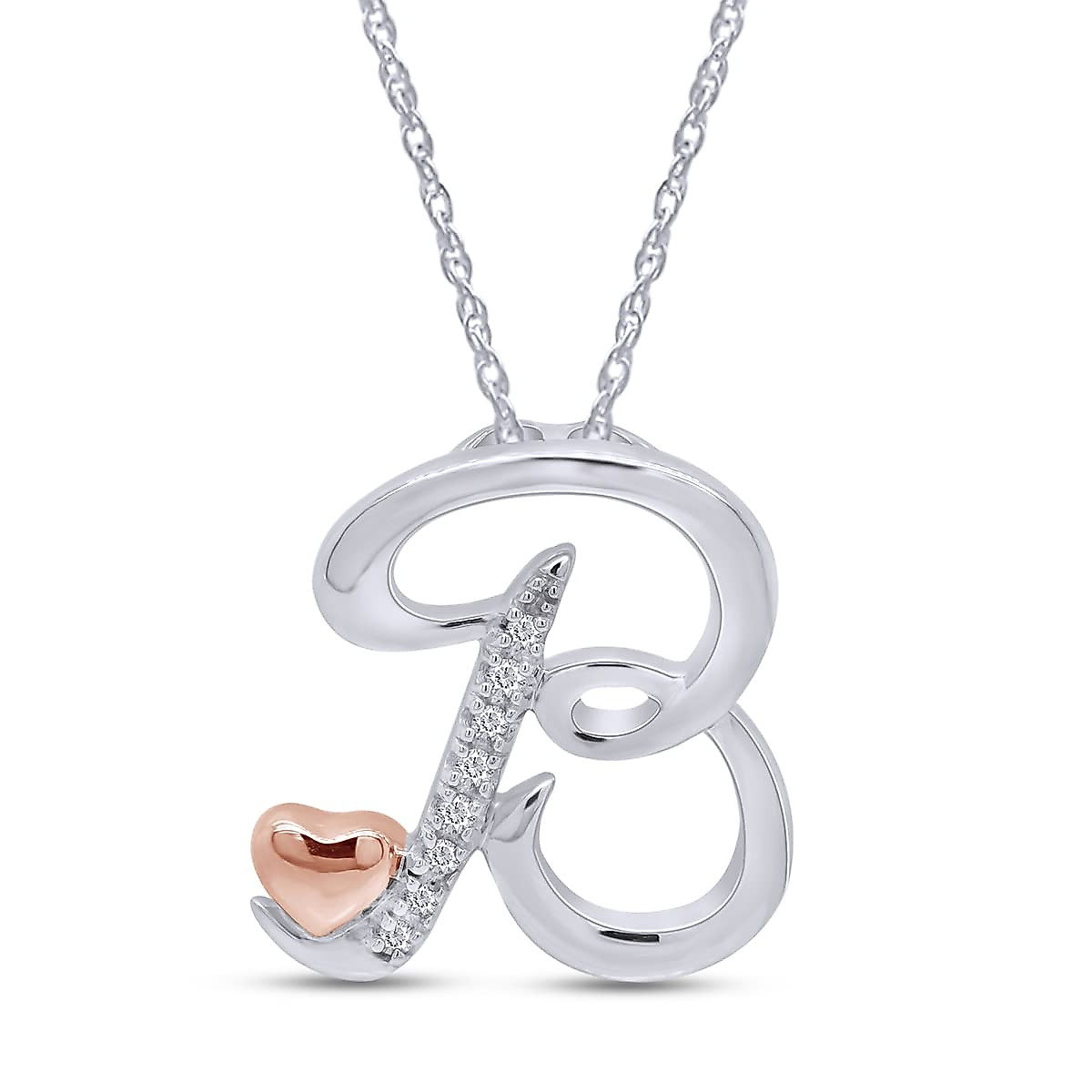 Jewel Zone US Two Tone Sterling Silver Natural Diamond Accents A - Z Initial & Heart Pendant Necklace