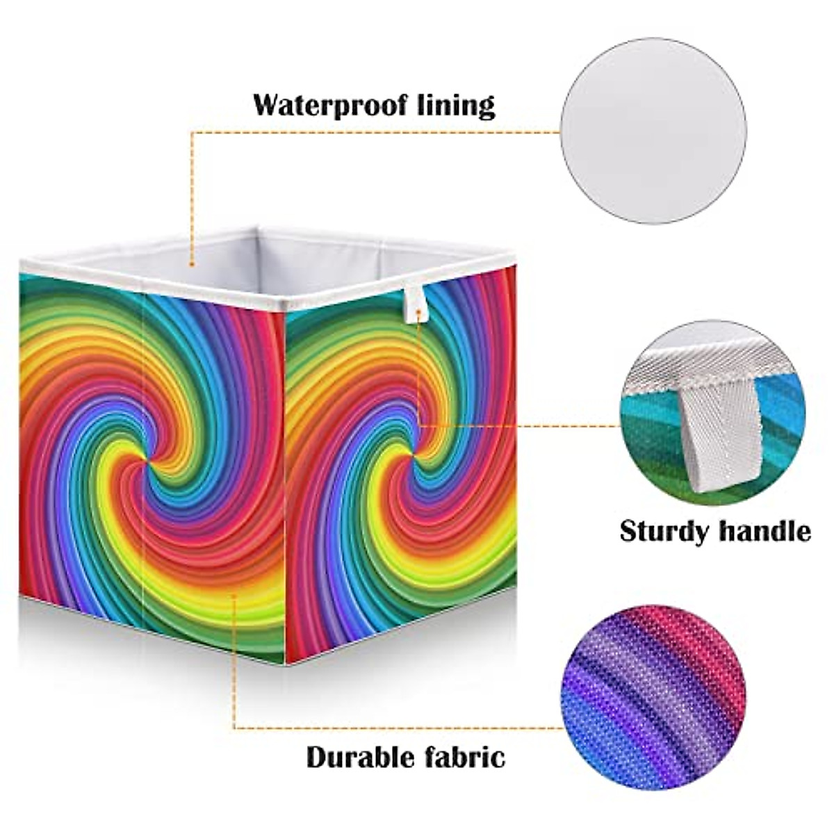 Kigai Rainbow Colored Swirl Storage Bins Cube Foldable Storage Baskets Bin Waterproof Home Organizer with Handles Basket for Toy Nursery Blanket Clothes, 11x11x11 Inch